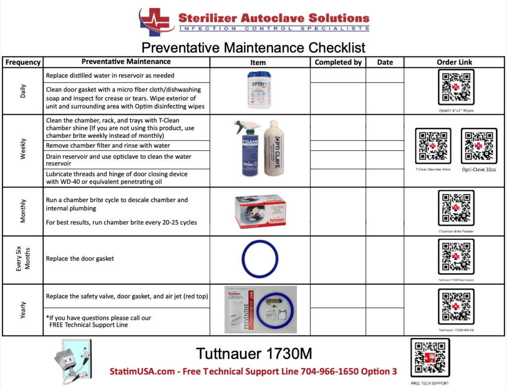 Tuttnauer 1730M PM Kit Checklist - Statim USA Autoclave Sales, Service ...