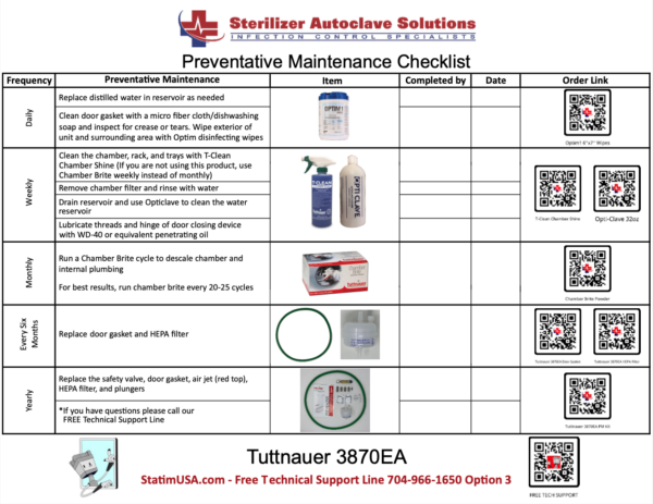 Tuttnauer 3870EA PM Kit Checklist - Statim USA Autoclave Sales, Service ...
