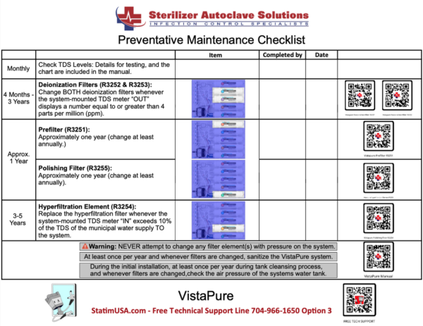 VistaPure PM Checklist - Statim USA Autoclave Sales, Service, & Repair